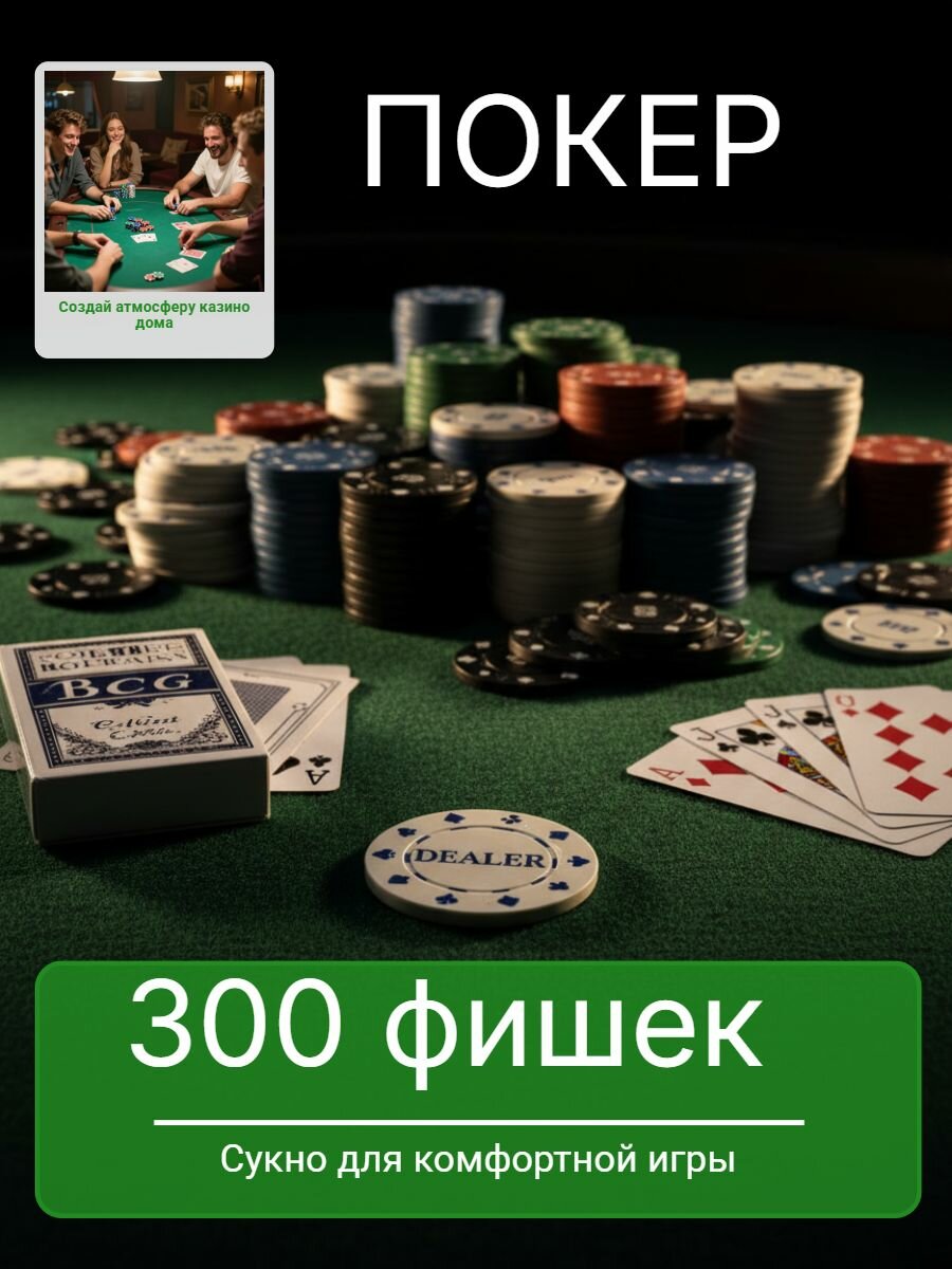 Набор для игры в Покер ( 300 фишек с номиналом, 2 колоды карт с пластиковым покрытием, фишку дилера, фишки блайндов и сукно).