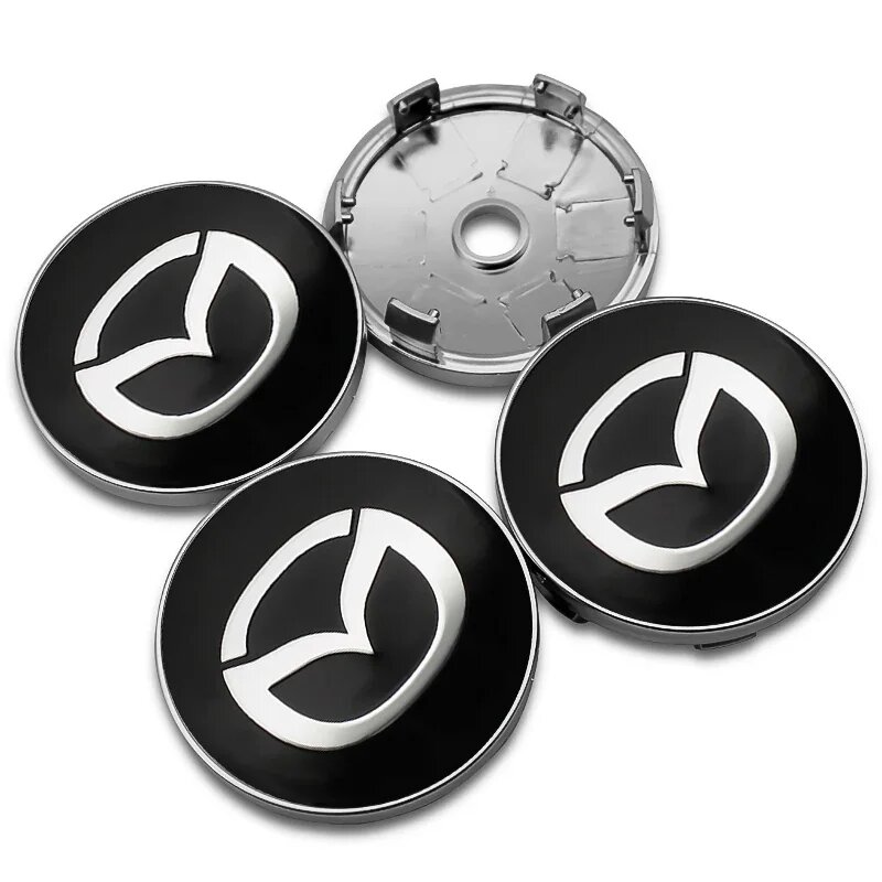 Колпаки Mazda, 4 шт, 60 мм, черные с серебряным логотипом