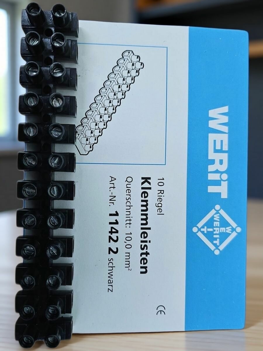 Werit Klemmleisten Клемма двусторонняя 12 пар винтовых клемм 10,0кв. мм чёрный 10шт