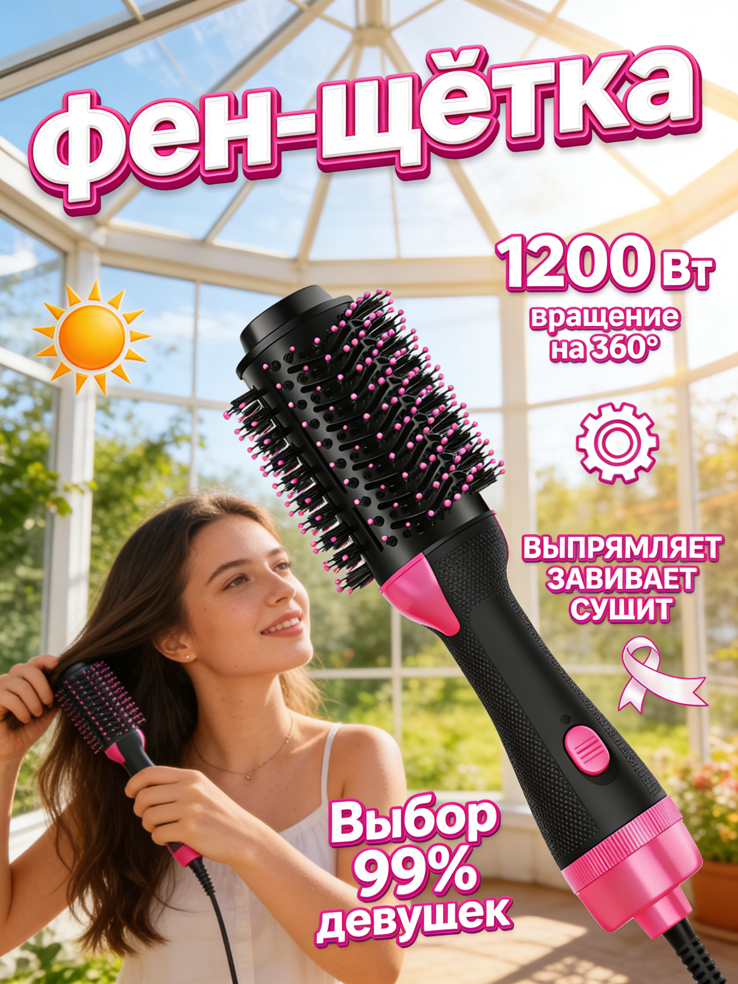 Фен-щетка для волос / Расческа с ионизацией One Step Фен-щётка (расчёска-фен) для волос Hair Dryer 3 в 1