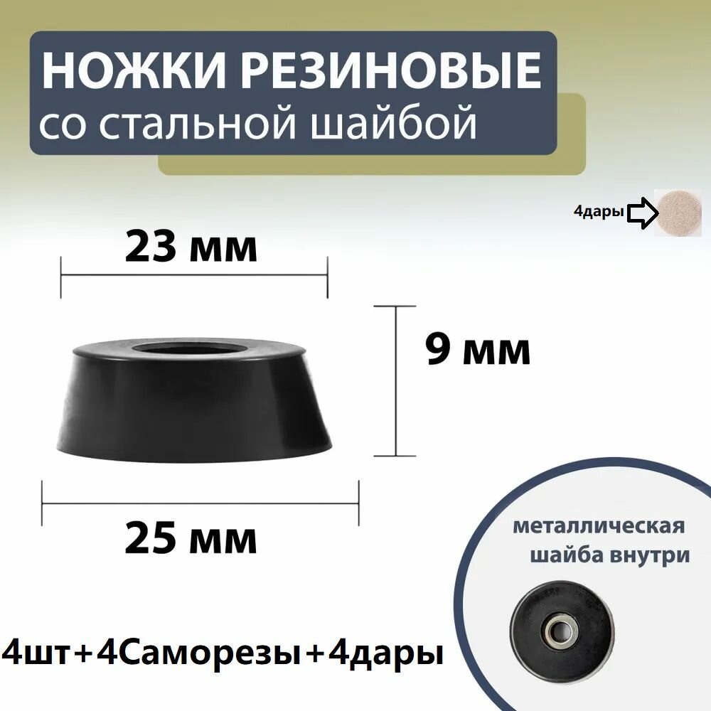 Резиновые ножки для мебели 25×23×9 мм, 4 шт, со стальной шайбой и саморезами — для мелкой мебели и аудиосистем