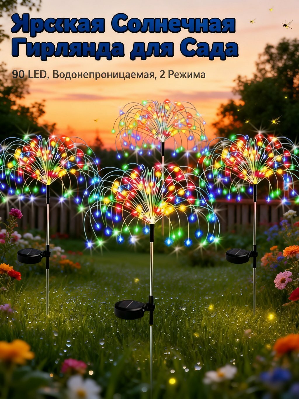 Солнечная уличная гирлянда 90 LED, гибкая медная проволока, водозащищённая, 2 режима, авт. вкл. для сада и двора