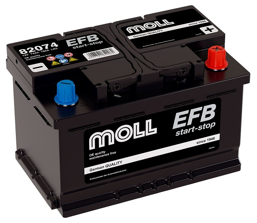Аккумулятор автомобильный Moll EFB 74 А/ч 780 А обр. пол. Евро авто (278x175x190) 82074 LN3