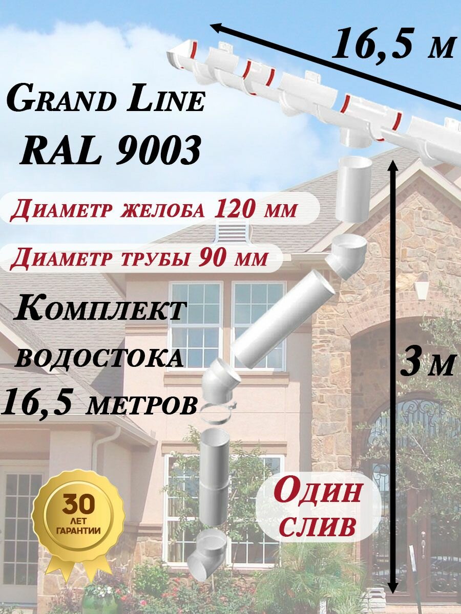 Водосточная система Grand Line 16,5 м (один слив) 120мм/90мм, белый водосток для крыши пластиковый Гранд Лайн ( RAL 9003 пломбир ) комплект ПВХ