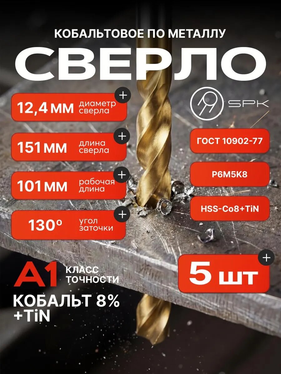 Набор сверл по металлу SPK, кобальтовые, твердосплавные, 12,4 мм, 5 шт
