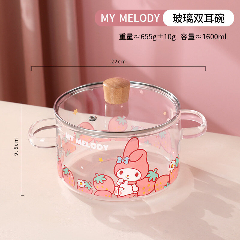 Стеклянная миска Sanrio с крышкой, большая миска для быстрого приготовления лапши для домашнего использования, устойчива к высоким температурам, подходит для микроволновой печи, стильная суповая миска с двумя ручками.