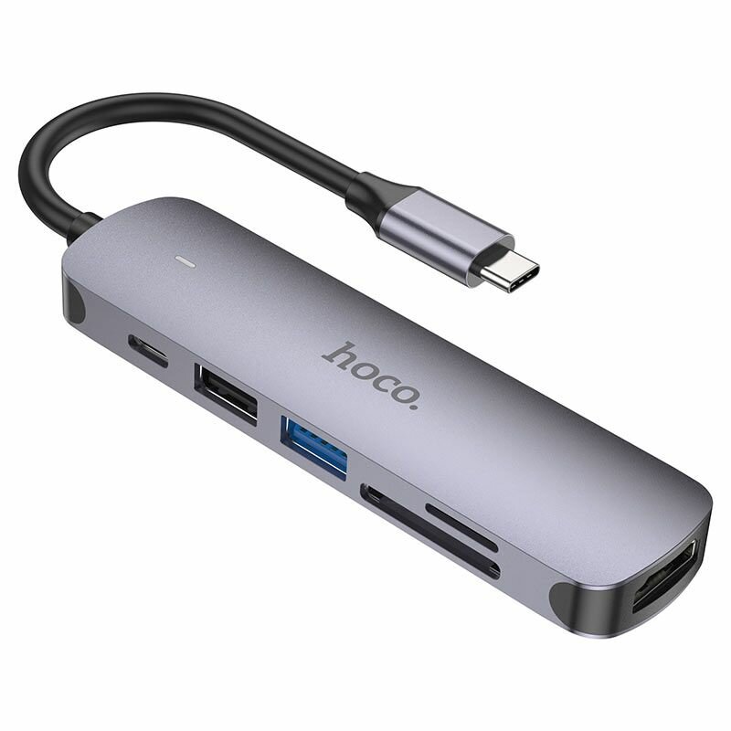 Type-C хаб 6в1 hoco HB28 (USB-C USB2.0 USB3.0 Card Reader SD microSD + HDMI) / хаб для MacBook / серый+черный