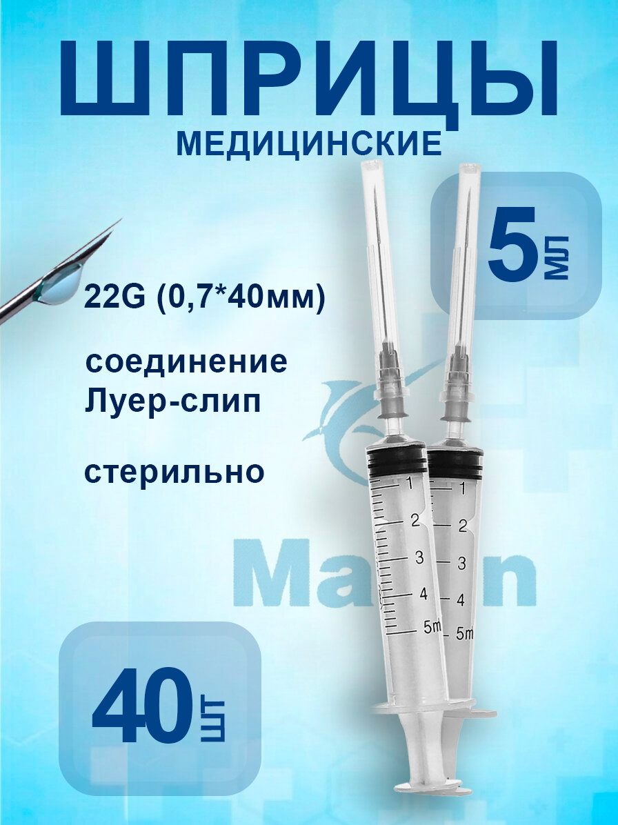 Шприц 5 мл одноразовый G22 игла 0.7х40мм трёхкомпонентный (40 шт.)