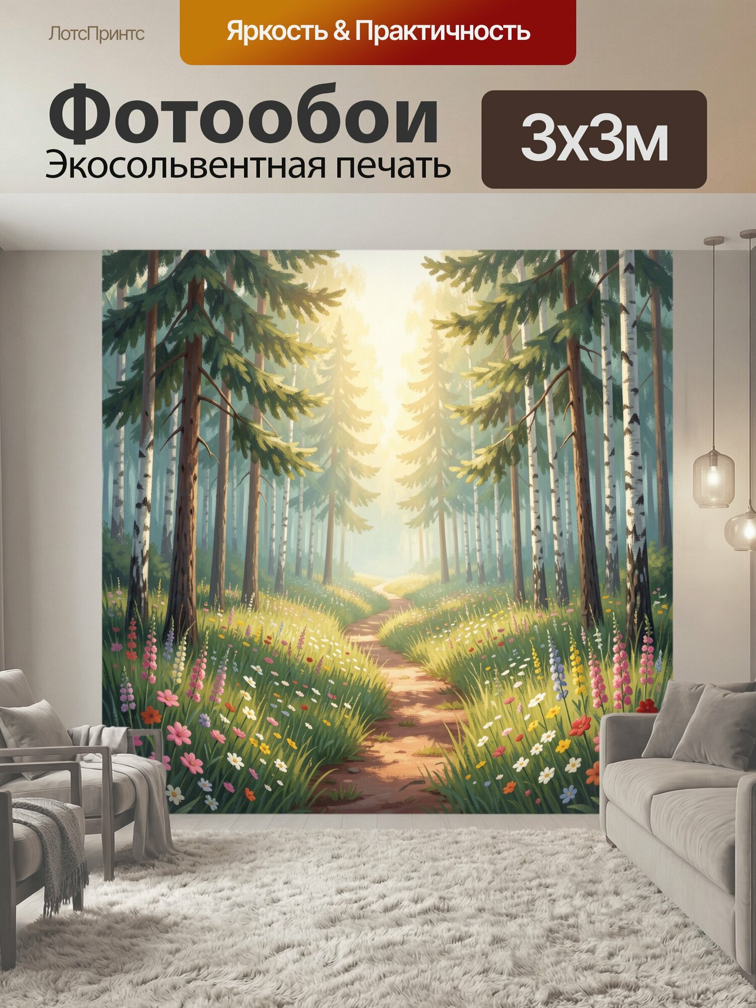 Фотообои "Лесная тропа среди цветов. Солнечный хвойный бор с берёзами, узкая извилистая дорожка и луговые цветы в розовых, жёлтых и белых." 300x300 см. экосольвентная печать