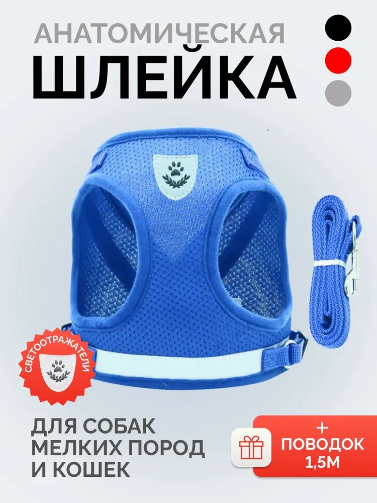 Шлейка дышащая анатомическая со светоотражающими элементами для собак и кошек с поводком 1,2м, размер L, обхват груди 45-49см