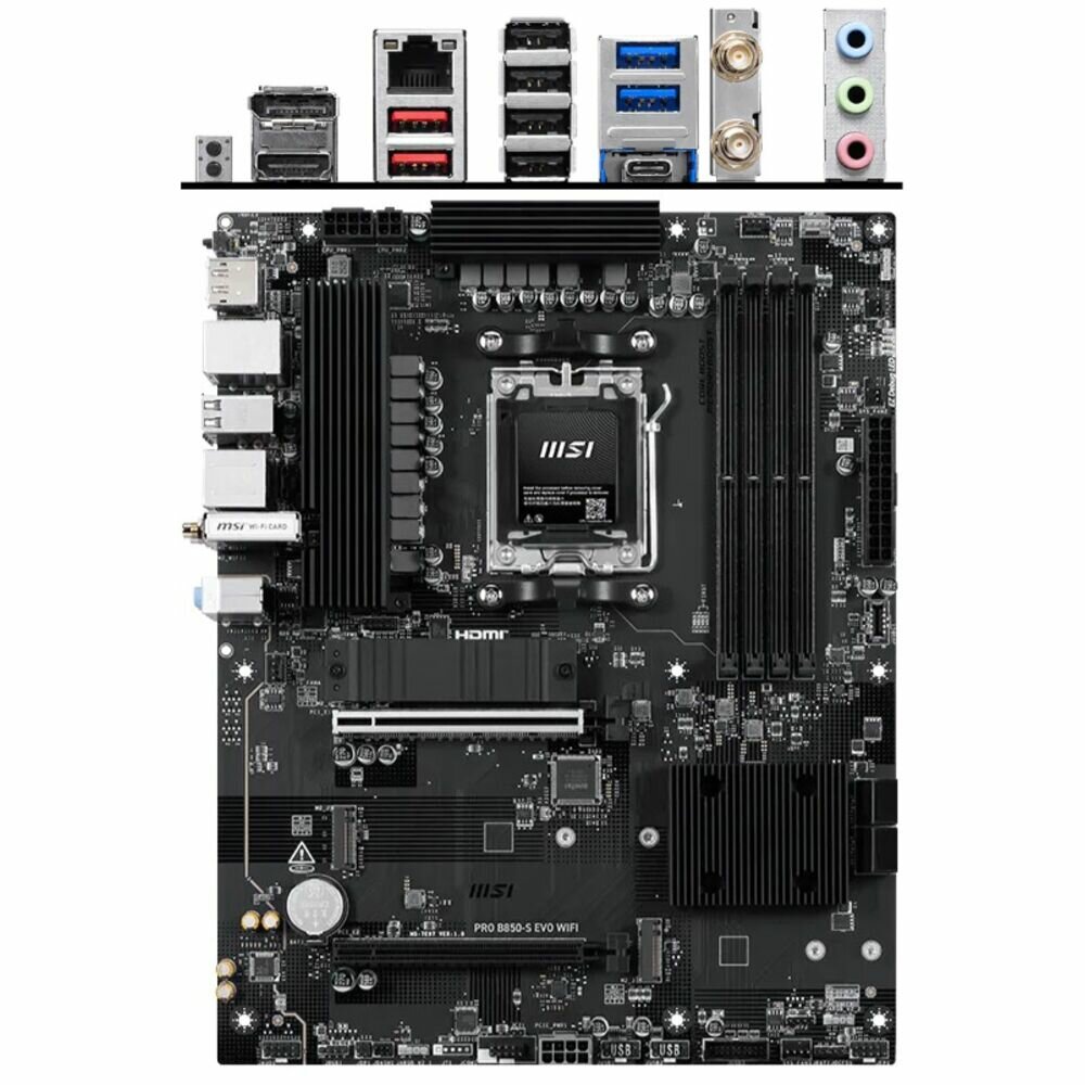Материнская плата MSI Pro B850-S Evo WiFi Socket-AM5 AMD B850 4xDDR5, 4xSATA3, RAID, 3xM.2, 2xPCI-E16x, 4xUSB3.2, 1xUSB3.2 Type C, DP, HDMI, WiFi, 5Glan, ATX Ret