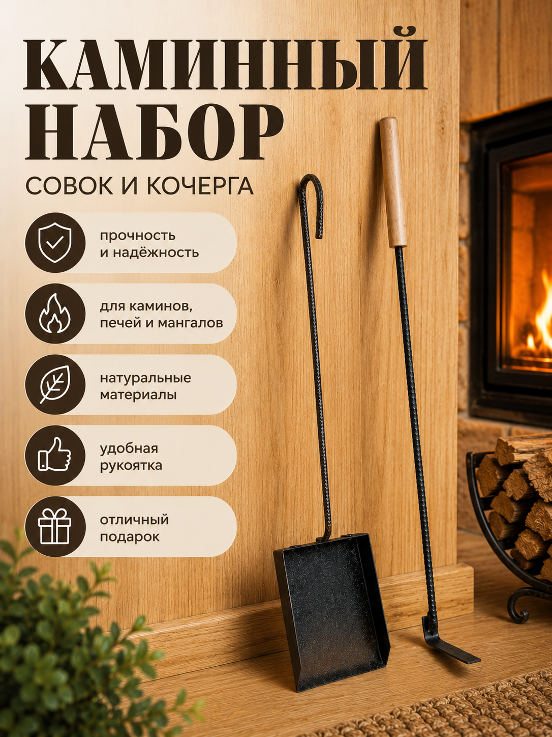 Каминный набор, 2 предмета: совок, кочерга с деревянной ручкой, «Добропаровъ»