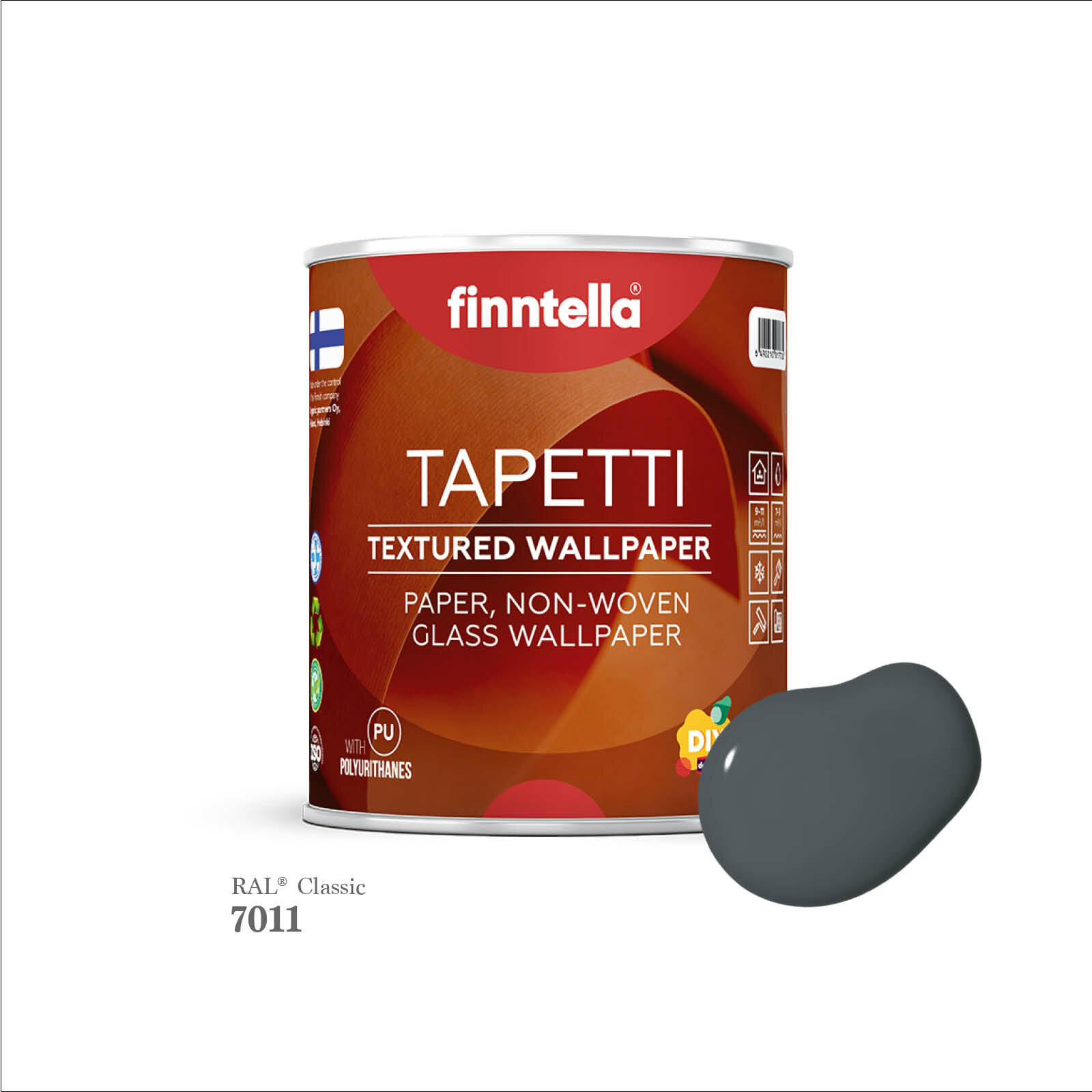 Шелковисто-матовая краска для обоев под окраску TAPETTI SILKKI Matta FINNTELLA, Цвет RAL 7011 Железно-серый (Iron grey), 0,9л