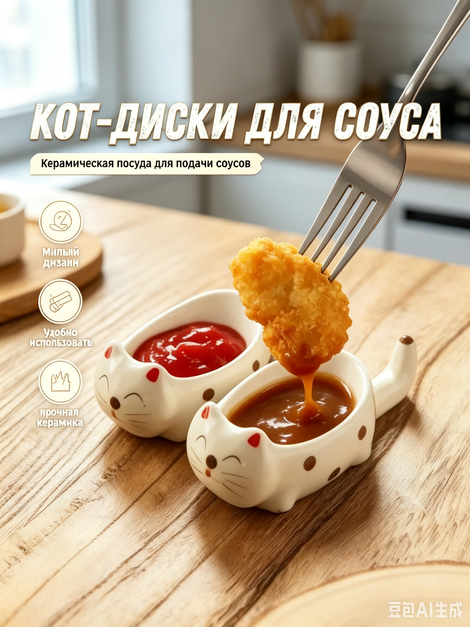Кот-диски для соуса: 2шт, керамика, для приправ, подставка, милый
