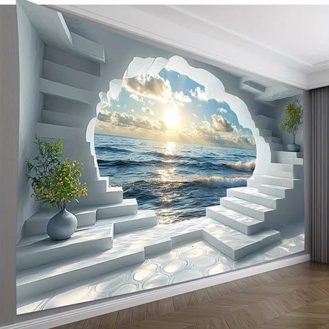 3D стикер для стен с изображением моря и заката, размер 100x150 см, для гостиной, стенное панно — фото 1
