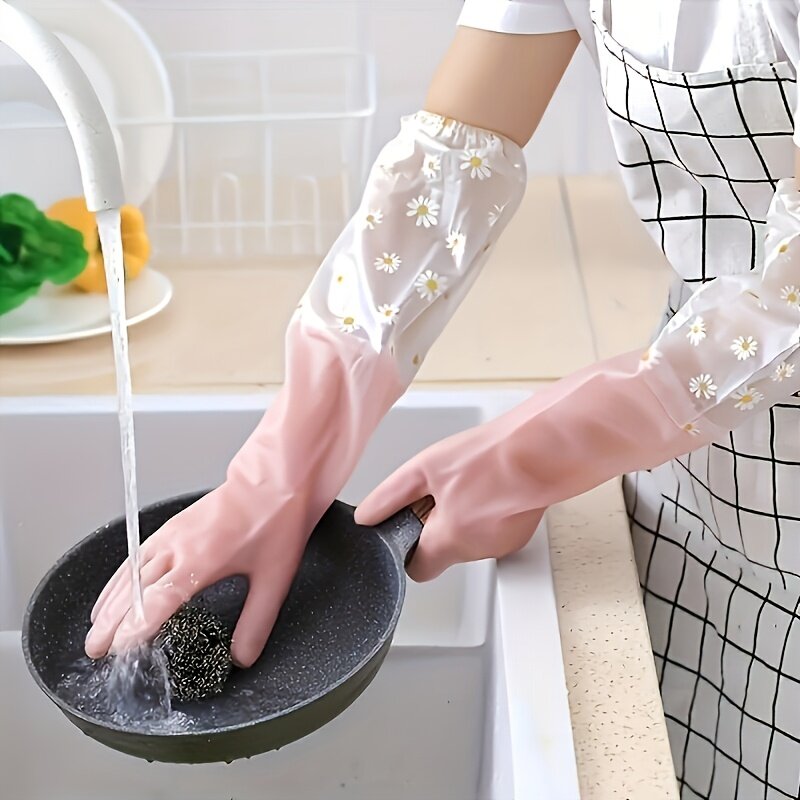 Кухонные перчатки с длинным рукавом для домашней уборки, розовые, пара