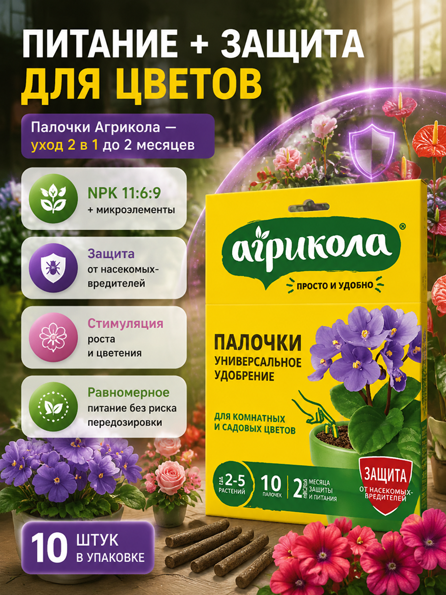 Агрикола удобрение для комнатных и садовых растений палочки с защитным эффектом 10 шт