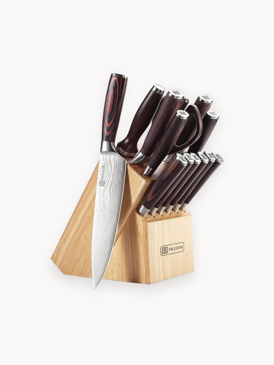 Набор ножей PAUDIN профессиональный кухонный, 14 предметов комплект со стильной подставкой из дерева