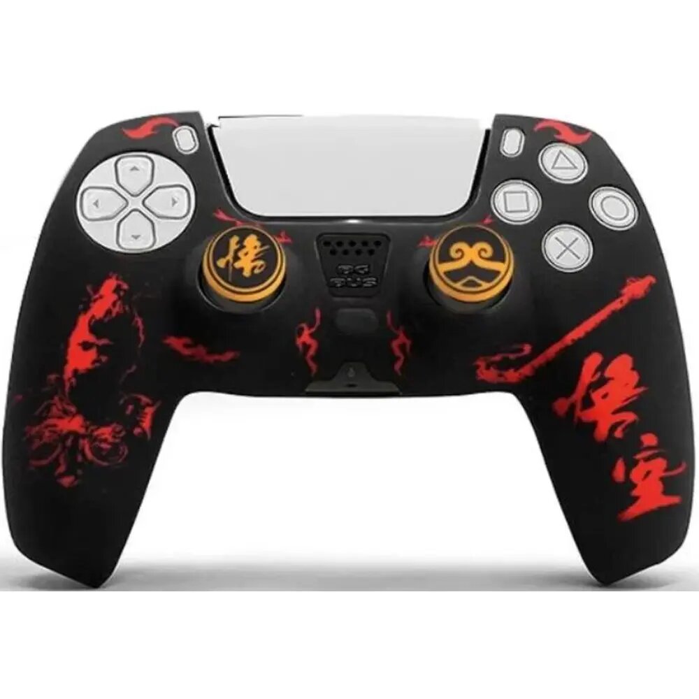 Силиконовый чехол для геймпада Sony DualSense Wukong (Чёрно-красный) + 2 накладки на стики Чёрный