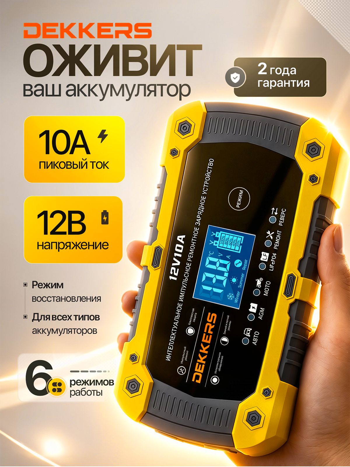 Зарядное устройство для аккумуляторов автомобиля и мотоцикла 12В 10А Dekkers