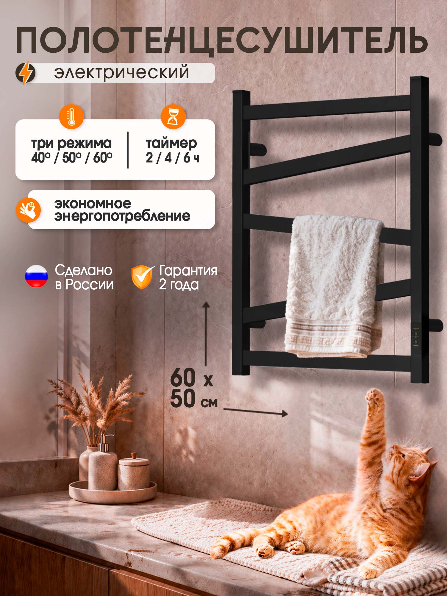 Полотенцесушитель электрический Суховей Гармония GSN65001BM 60x50 см/ черный матовый / Сушилка для полотенец в ванную/ лесенка с терморегулятором