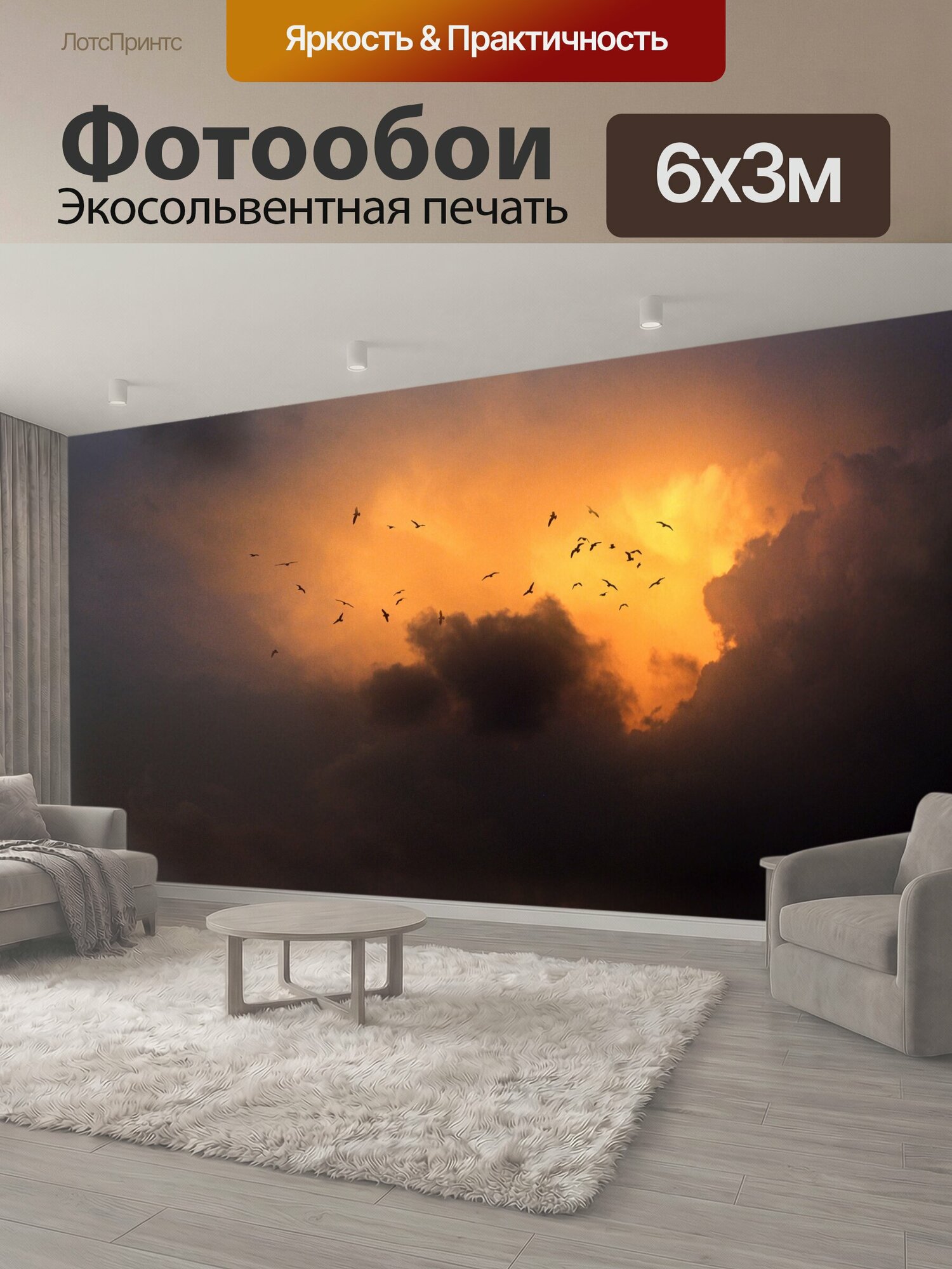 Фотообои "Наслаждаясь вечером Птицы летают высоко в красоту заходящего солнца птицы небо облака космос закат вечер темно ночь цвет природа" 600x300 см. экосольвентная печать