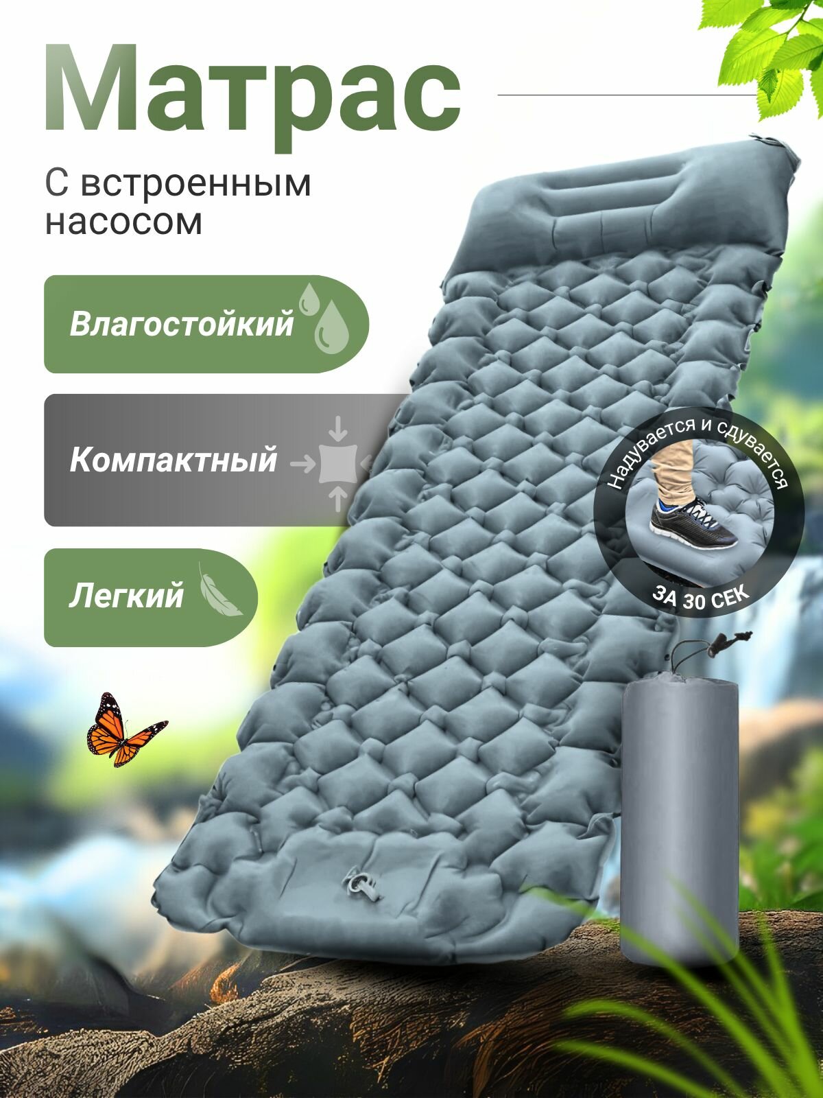 Коврик надувной туристический, пенка, каремат, матрас