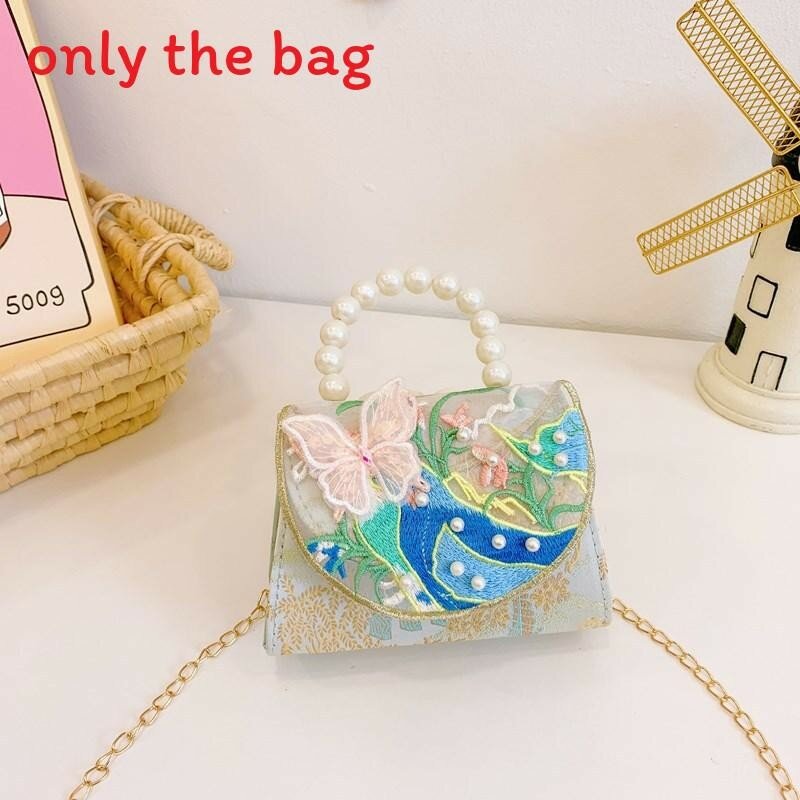 Сумка через плечо китайский стиль девочка принцесса жемчужная с цепочкой для детей мода и хранение зеленый бабочка