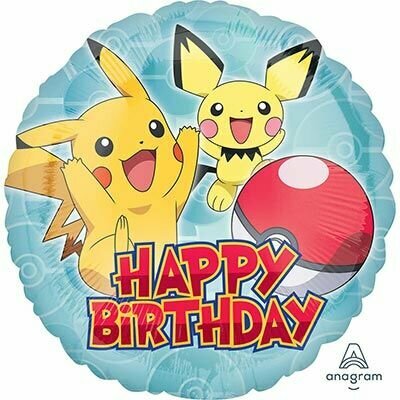 Воздушный шар фольгированный ANAGRAM круглый, с рисунком, 18", Happy Birthday, покемон Пикачу, голубой