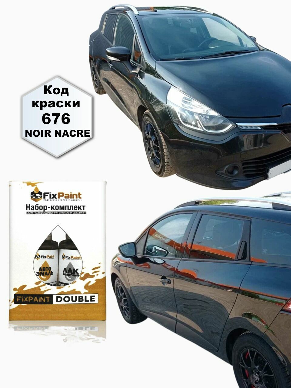 Подкраска RENAULT CLIO 3, код 676, NV676, Z20, NOIR NACRE, набор FixPaint Double, краска и лак для подкраски сколов и царапин