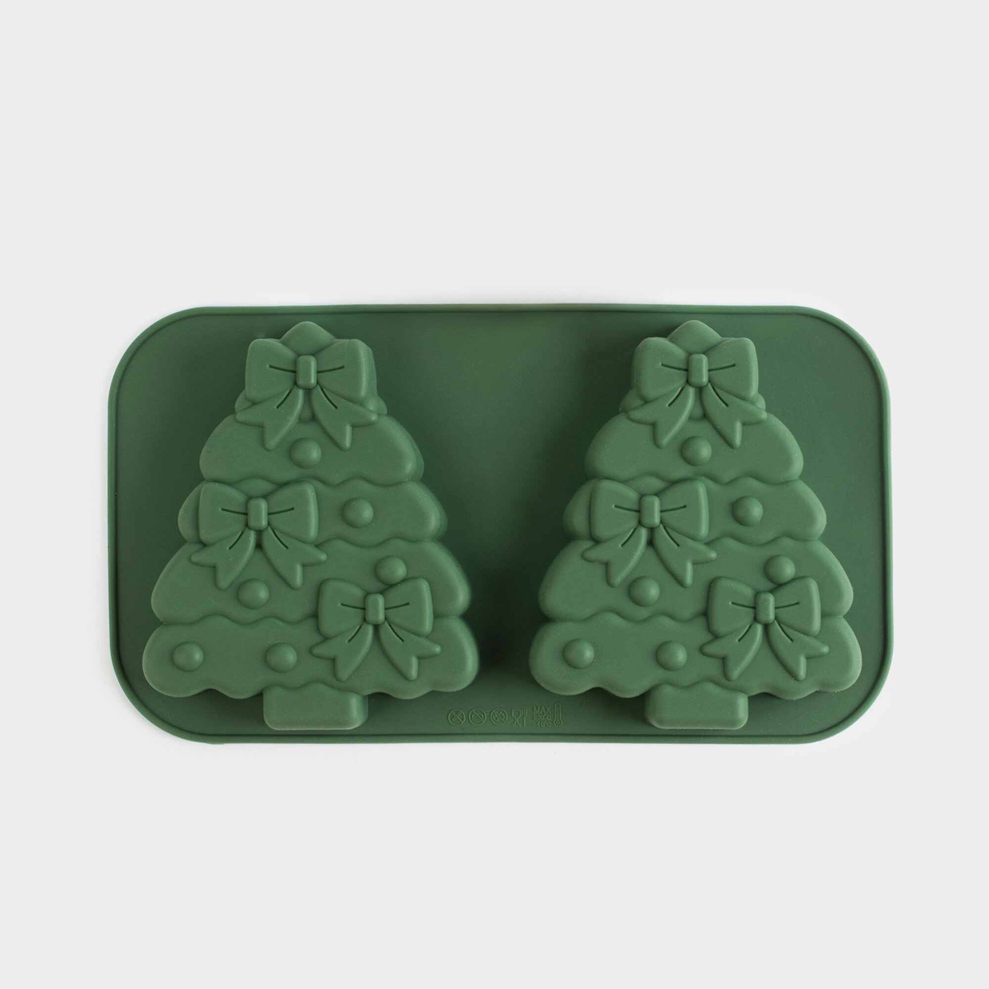 Форма для выпечки кексов, 27х15 см, 2 отд, силикон, зеленая, Елки с бантами, Bakery color