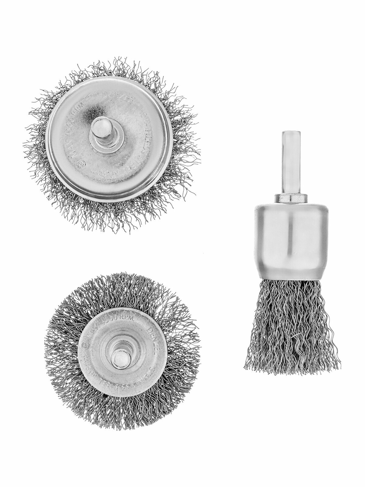 Набор щеток для дрели Denzel, 1 Плоская 50мм, 2 Чашки 25-50мм, шпилька, нерж. вит. проволока, 74491