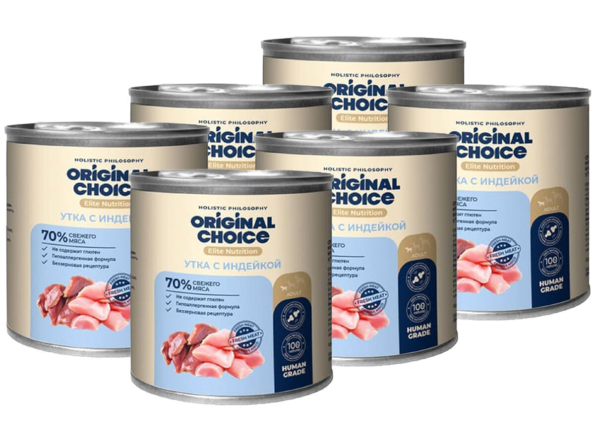 Корм влажный Original Choice Elite Nutrition Adult для взрослых собак с уткой и индейкой банка, 240 г х 6 шт