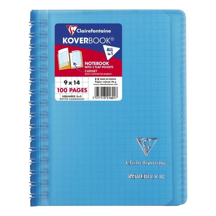 Записная книжка А6 50л, на гребне Clairefontaine Koverbook, 90г/м2, пластик. обложка, карман, синяя, 321601C_blue