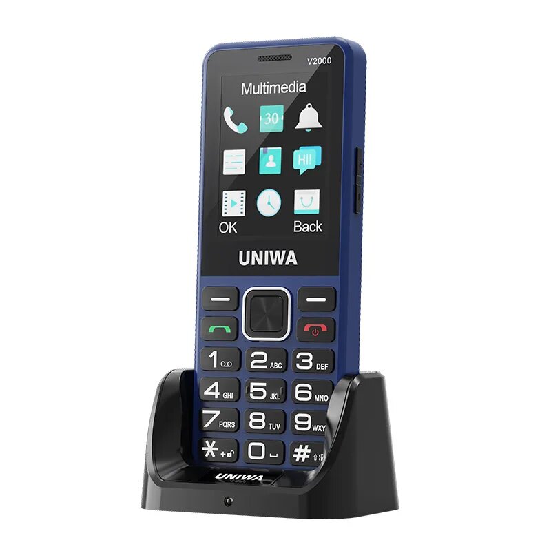UNIWA V2000 4G модный телефон с клавиатурой 2,4 дюйма, большая кнопка, громкая громкость, двойной SlM, 1700 мАч, русская клавиатура, телефоны для пожилых людей Hebrew Keyboard, Голубой, Blue-charging base