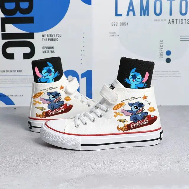Новые белые детские кроссовки Disney с высоким берцем Lilo & Stitch, холщовые туфли для детей с героями мультфильмов, для девочек и мальчиков, повседневные теннисные носки