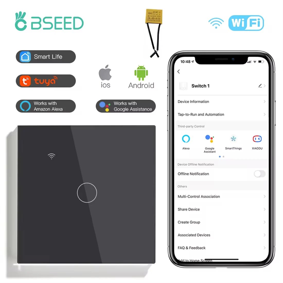 BSEED Умный сенсорный выключатель света 1/2/3/4 Gang, 1Gang Black