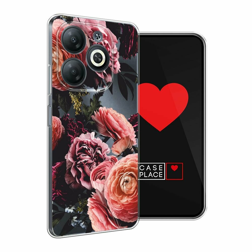 Чехол на Infinix Smart 8/8 HD/HOT 40i / Инфиникс Смарт 8/8 HD/HOT 40i с принтом "Бордовые винтажные цветы", прозрачный — фото 1