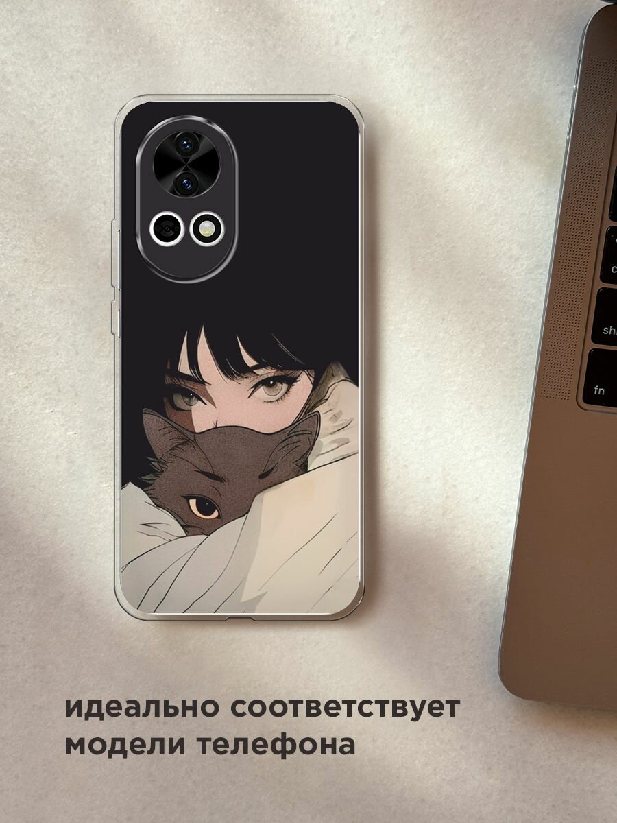 Чехол на Huawei Nova 12/Nova13 / Хуавей Нова 12/Нова 13 с принтом "Аниме девушка с котиком" — фото 1