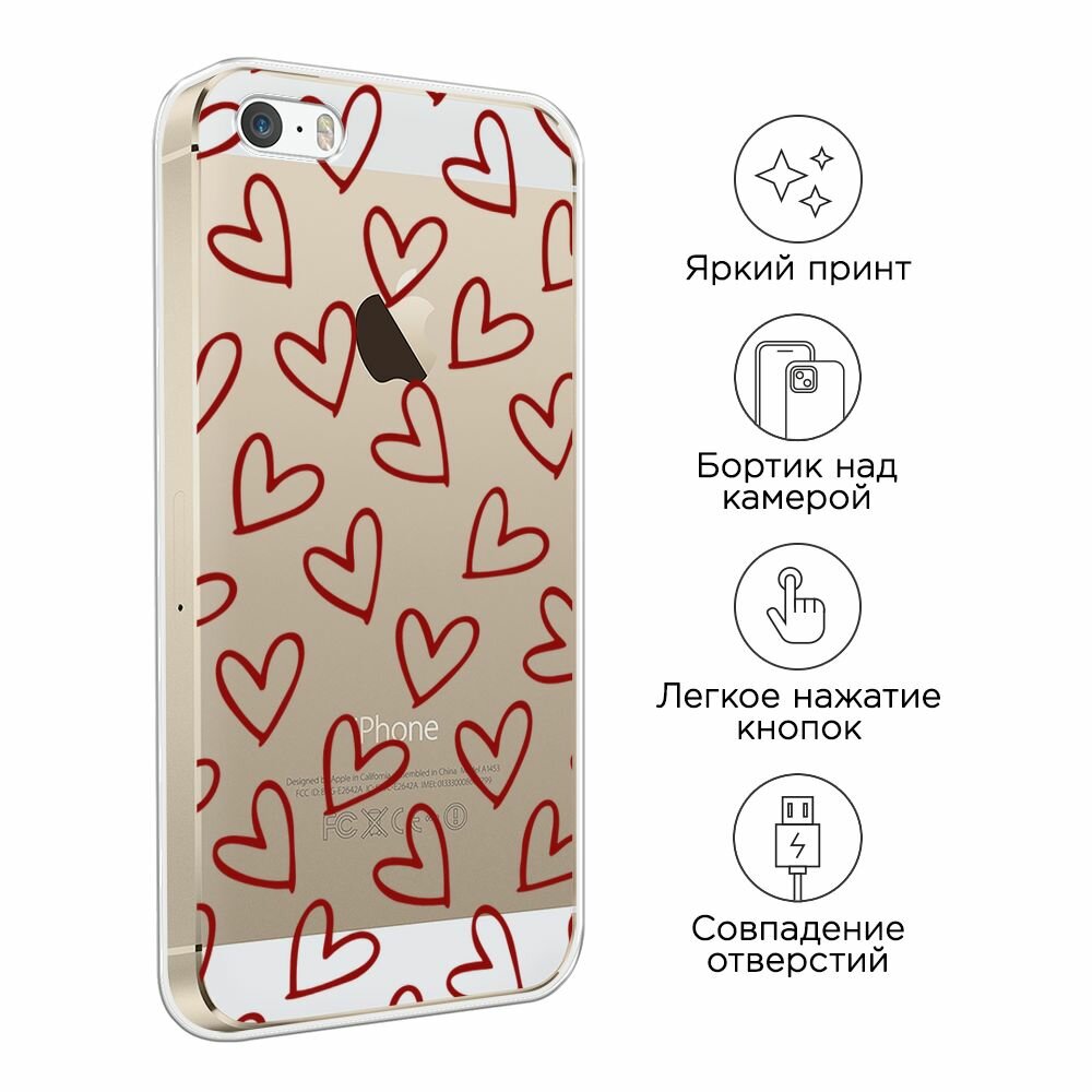 Чехол на Apple iPhone 5/5S/SE / Айфон 5/5S/SE с принтом "Little hearts doodles 2 - 14 февраля", прозрачный — фото 1