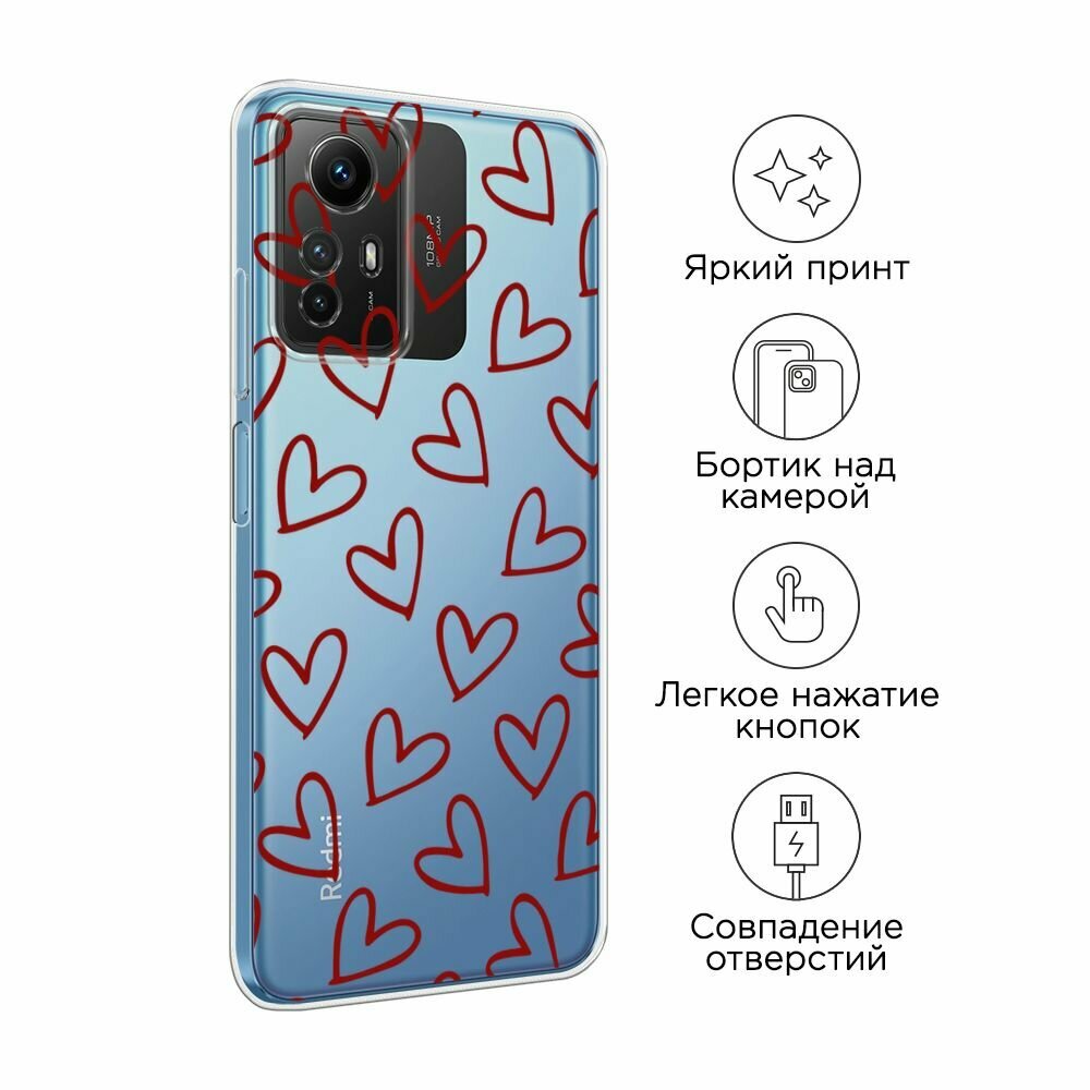 Чехол на Xiaomi Redmi Note 12S / Сяоми Редми Ноут 12S с принтом "Little hearts doodles 2 - 14 февраля", прозрачный — фото 1