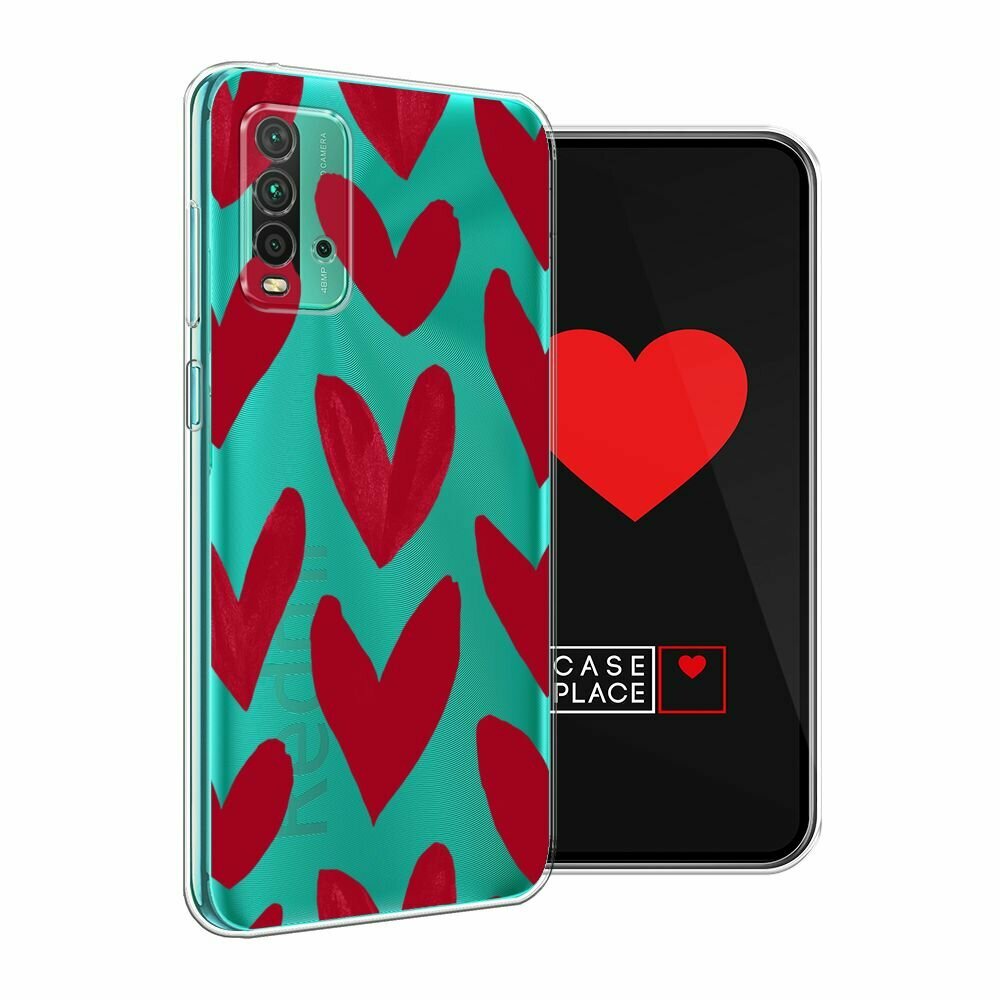 Чехол на Xiaomi Redmi 9T / Сяоми Редми 9Т с принтом "Красные сердечки рисунок - 14 февраля", прозрачный — фото 1