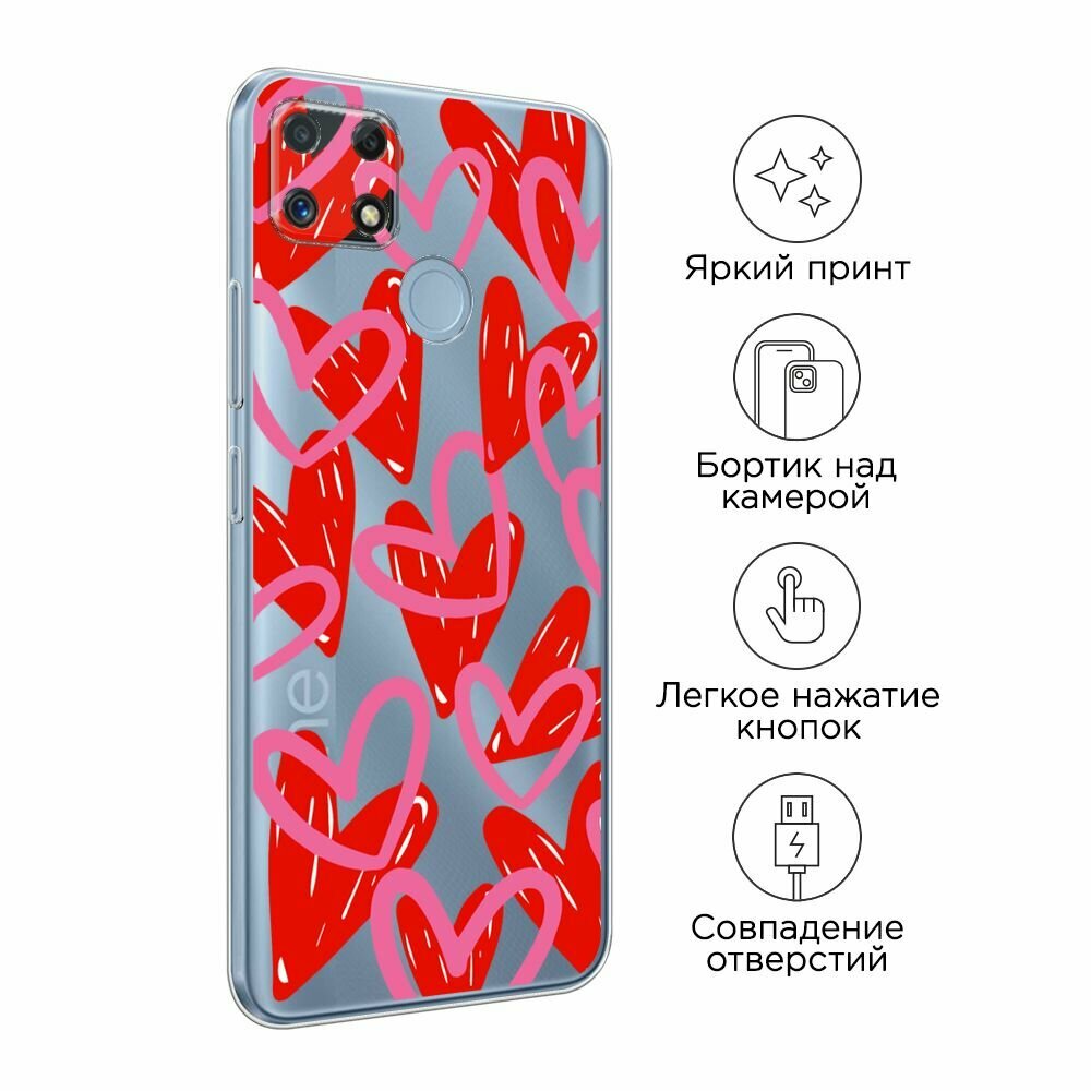 Чехол на Realme C25/C25s / Реалми С25/C25s с принтом "Hearts doodles - 14 февраля", прозрачный — фото 1