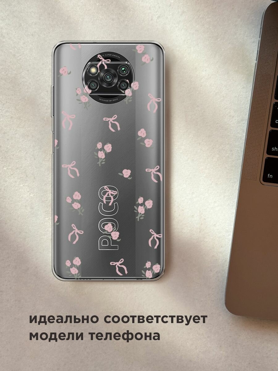Чехол на Xiaomi Poco X3/X3 Pro / Поко X3/X3 Pro с принтом "Розы и ленточки", прозрачный — фото 1