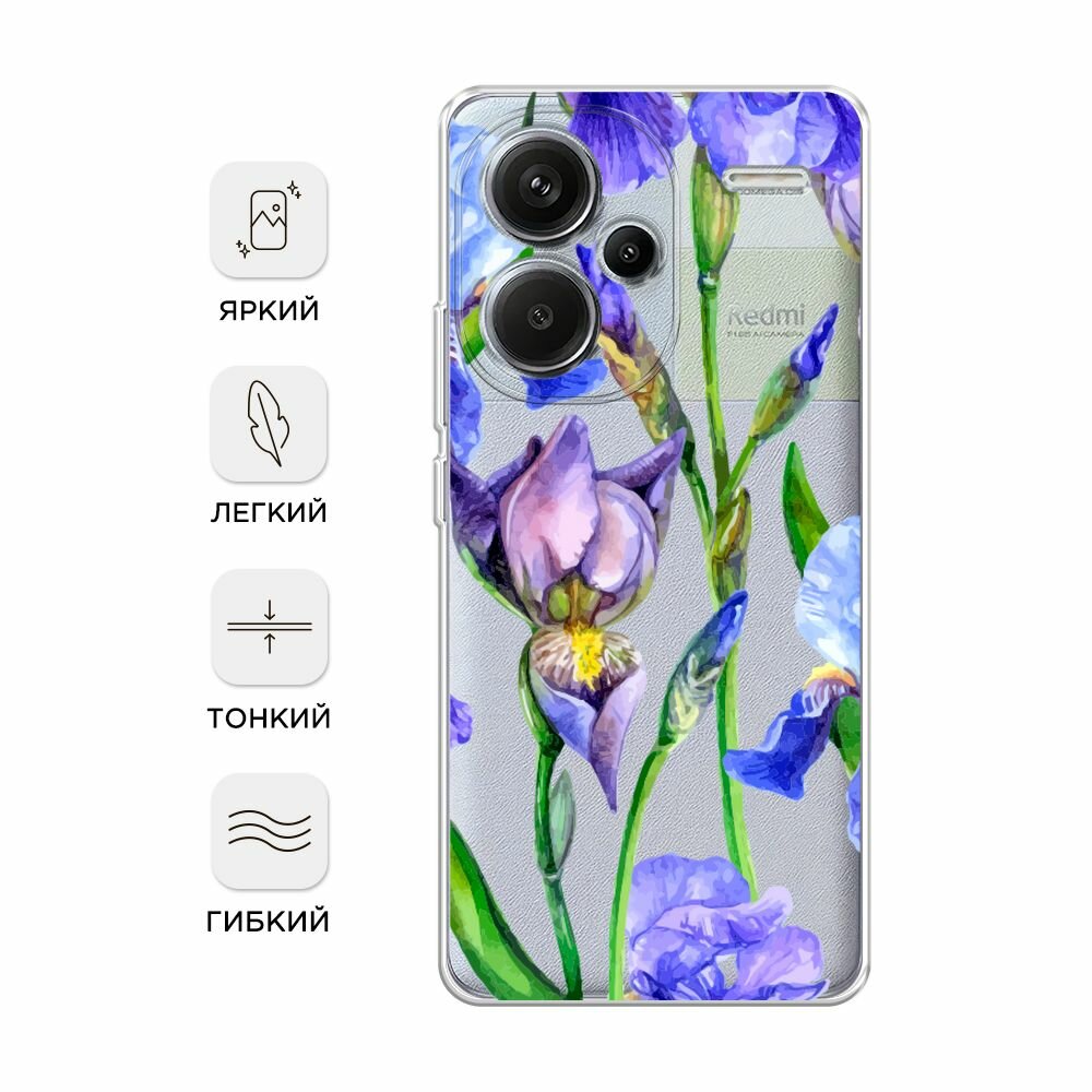 Чехол на Xiaomi Redmi Note 13 Pro+ / Сяоми Редми Нот 13 Про + с принтом "Синие ирисы", прозрачный — фото 1