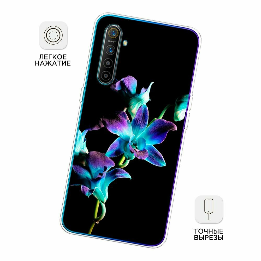 Чехол на Realme XT / Реалми XT с принтом "Синий цветок на черном" — фото 1