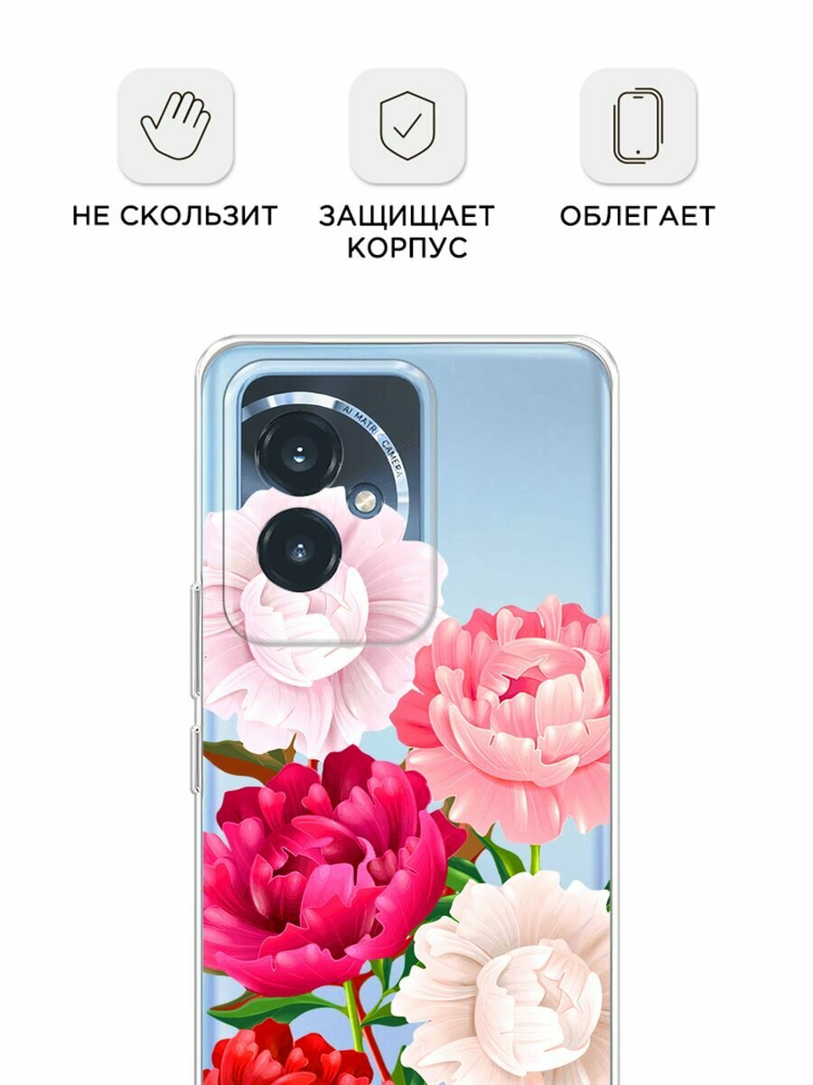 Чехол на Honor 100 / Хонор 100 с принтом "Большие пионы", прозрачный — фото 1
