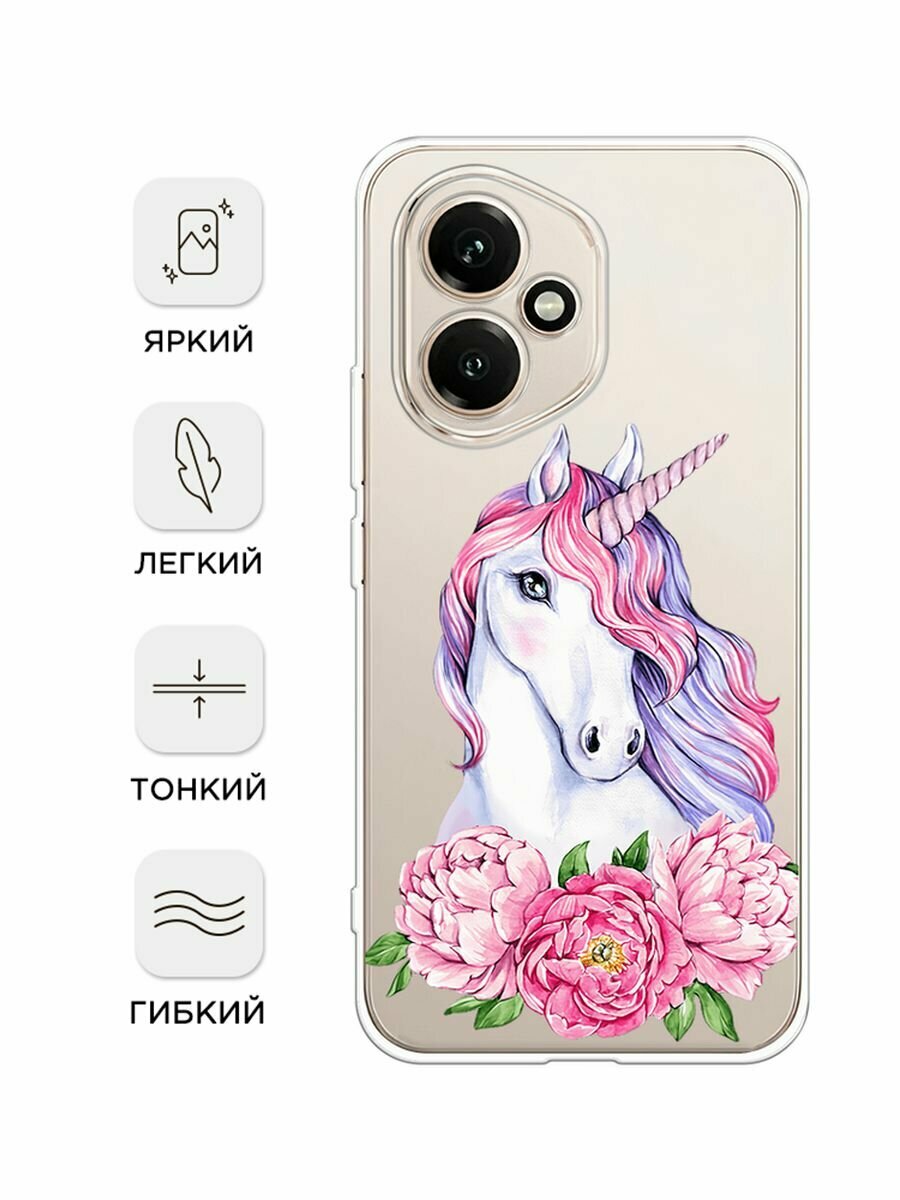 Чехол на Honor 400 / Хонор 400 с принтом "Единорог с пионами", прозрачный — фото 1