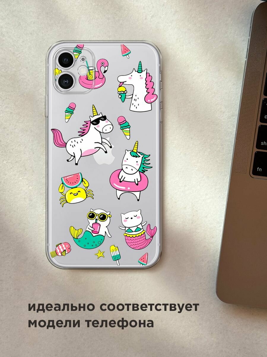 Чехол на Apple iPhone 11 / Айфон 11 с принтом "Единороги в отпуске", прозрачный — фото 1
