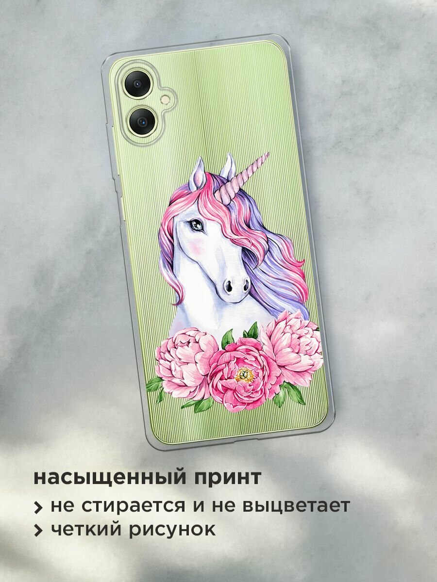 Чехол на Samsung Galaxy A06 / Самсунг Галакси А06 с принтом "Единорог с пионами", прозрачный — фото 1